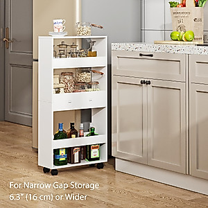 POBOMULI Slim Storage Cart, 4-Tier Kitchen Rolling Cart Narrow Mobile Utility Organizer for Bathroom Livng Room Laundry Room Small Spaces, White