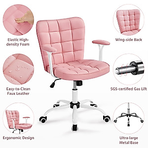 Yaheetech Mid Back Faux Leather Office Chair Adjustable Tilting Vanity Chair Modern Upholstered Desk Chair Task Chair with Detachable Padded Armrests for Home/Office,Pink