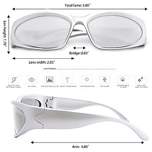 knliwkm 2 Pairs Y2K Wrap Around Sunglasses Sports Futuristic Oval Glasses for Women Men Trendy Fashion Shades Silver