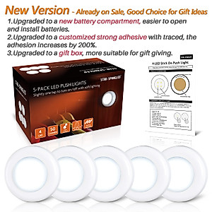 STAR-SPANGLED Push Tap Light, 2.8” Mini Night Touch LED Puck Lamp, Portable Under Cabinet Lighting AAA Battery Operated Powered, DIY Stick On Lights for Closet, Counter, Kitchen, Cool White, 5 Pack