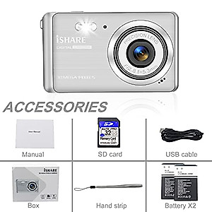 Digital Camera, Rechargeable 30MP Point and Shoot Camera with 32GB SD Card 18X Digital Zoom, Compact Camera for Kids Teens Aldults Elders (Silver)