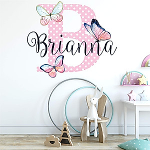 Girls Nursery Printed Pink and White Polka Dots Watercolor Butterflies Custom Personalized Name and Initial Vinyl Wall Decal, Decor Wall Sticker (Medium)