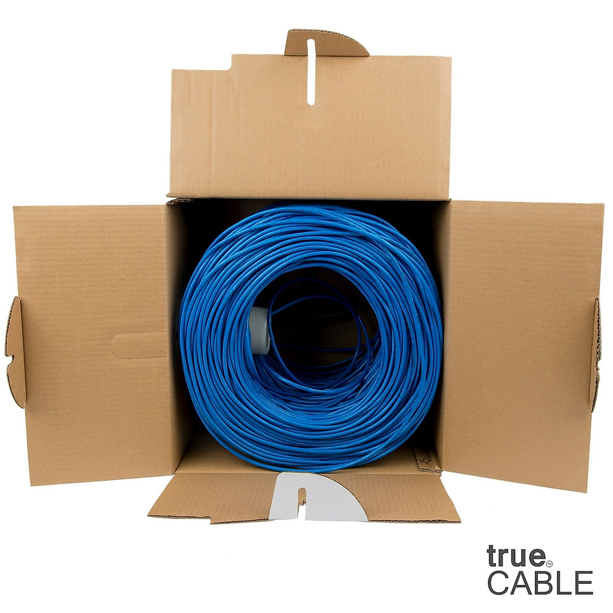 trueCABLE Cat5e Riser (CMR), 1000ft, Blue, 24AWG 4 Pair Solid Bare Copper, 350MHz, PoE++ (4PPoE), ETL Listed, Unshielded Twisted Pair (UTP), Bulk Ethernet Cable