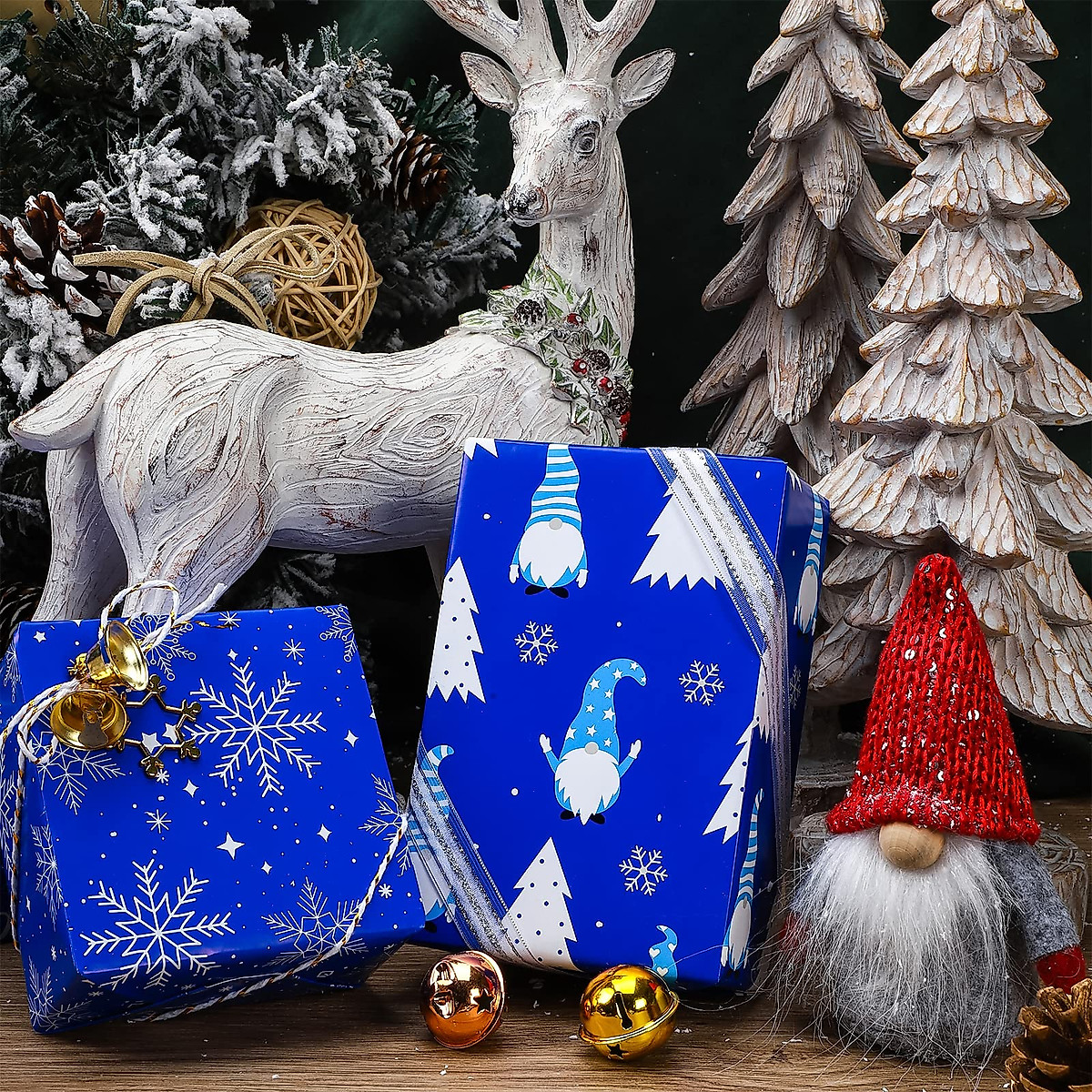 LeZakaa Christmas Gift Wrapping Paper - 12 Folded Sheet with 4 Different Christmas Design in Blue (Snowflake, Tree, Reindeer, Gnome) - 27.5 x 19.6 inches Per Sheet