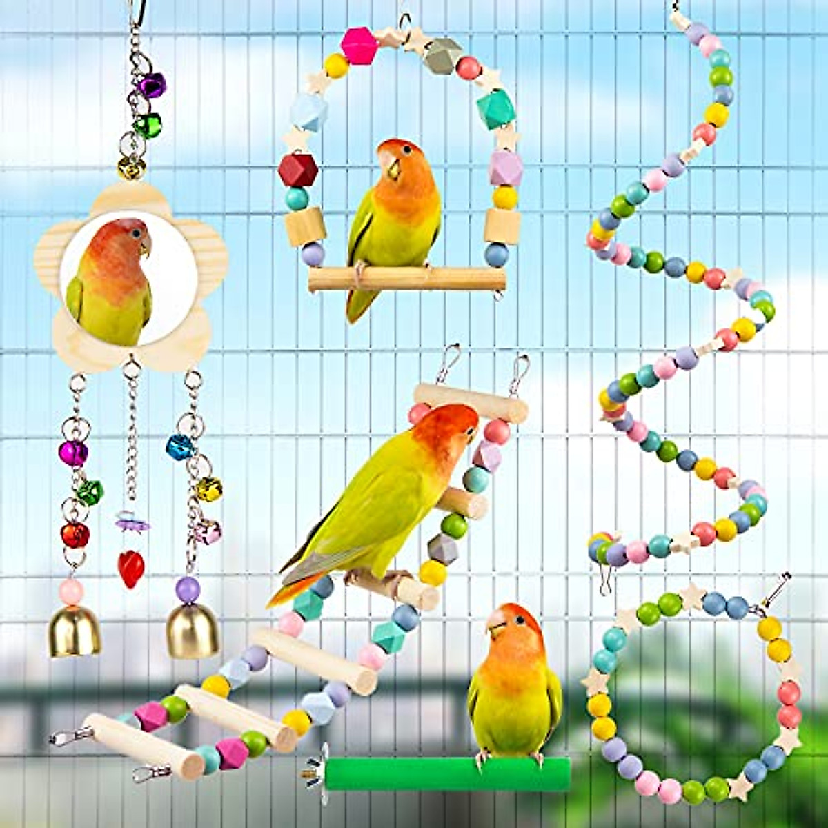 PANQIAGU 6 Pcs Bird Parrot Toys, Hanging Bell Pet Bird Cage Hammock Swing Toy Wooden Perch Chewing Toy for Small Parrots, Conures, Love Birds, Small Parakeets Cockatiels, Macaws, Finches
