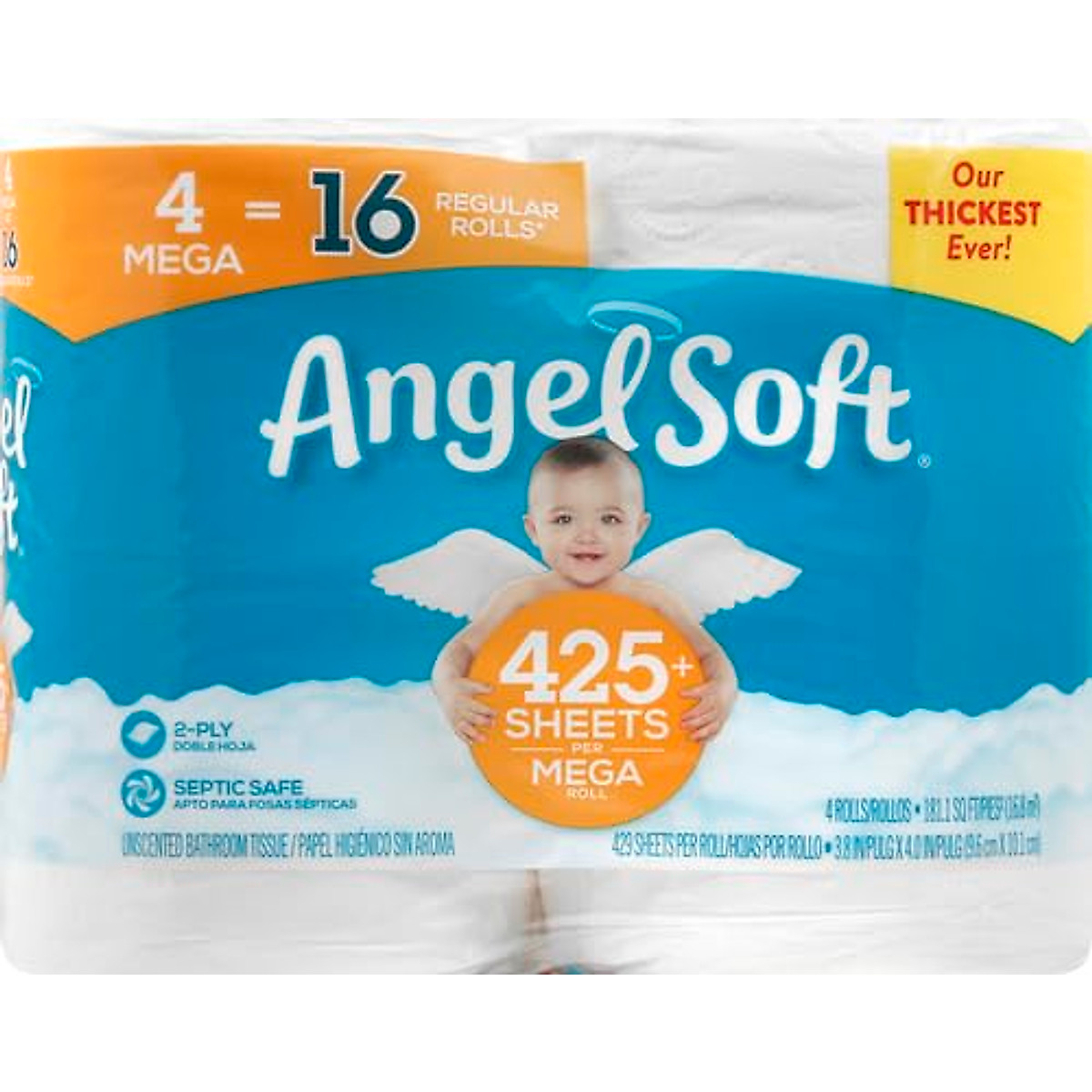 Angel Soft® Toilet Paper, 4 Mega Rolls = 16 Regular Rolls, 2-Ply Bath Tissue