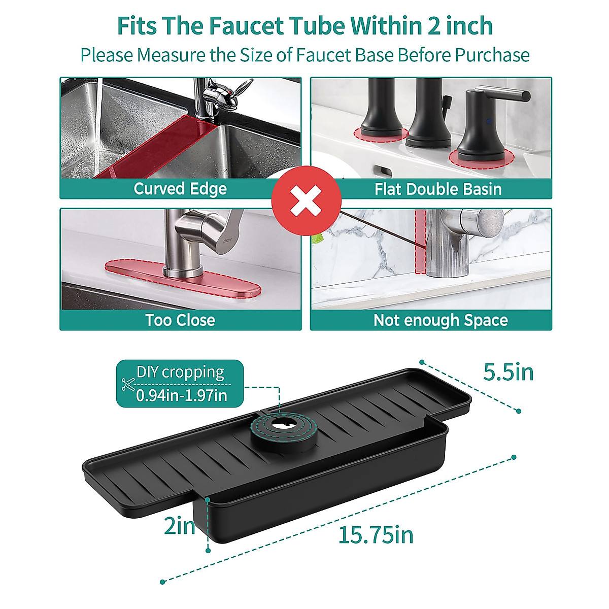 Silicone Faucet Splash Guard Kitchen Sink Splash Guard Upgraded Faucet Water Catcher Tray - 15.75” x 5.5''x2” - Sink Sponge Holder for Kitchen, Bathroom(Black)