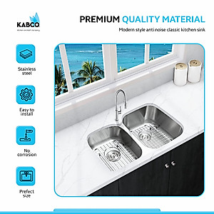 KABCO 32 Inch Double Bowl Stainless Steel Classic Kitchen Sink with Sink Strainers, Removable Garbage Baskets and Sink Grids Sound and Heat Proof 18 Gauge Undermount 40/60 Bowl Swirl Finish Sink
