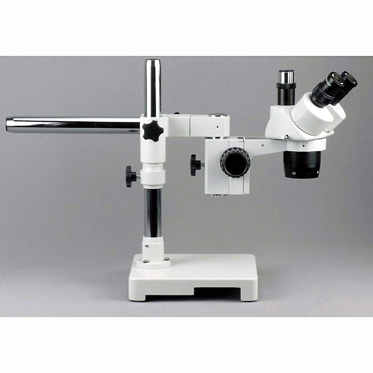 AmScope SW-3T13Y Trinocular Stereo Microscope, WH10x Eyepieces, 5X/15X/30X/45X Magnification, 1X/3X Objective, Single-Arm Boom Stand, Includes 1.5x Barlow Lens