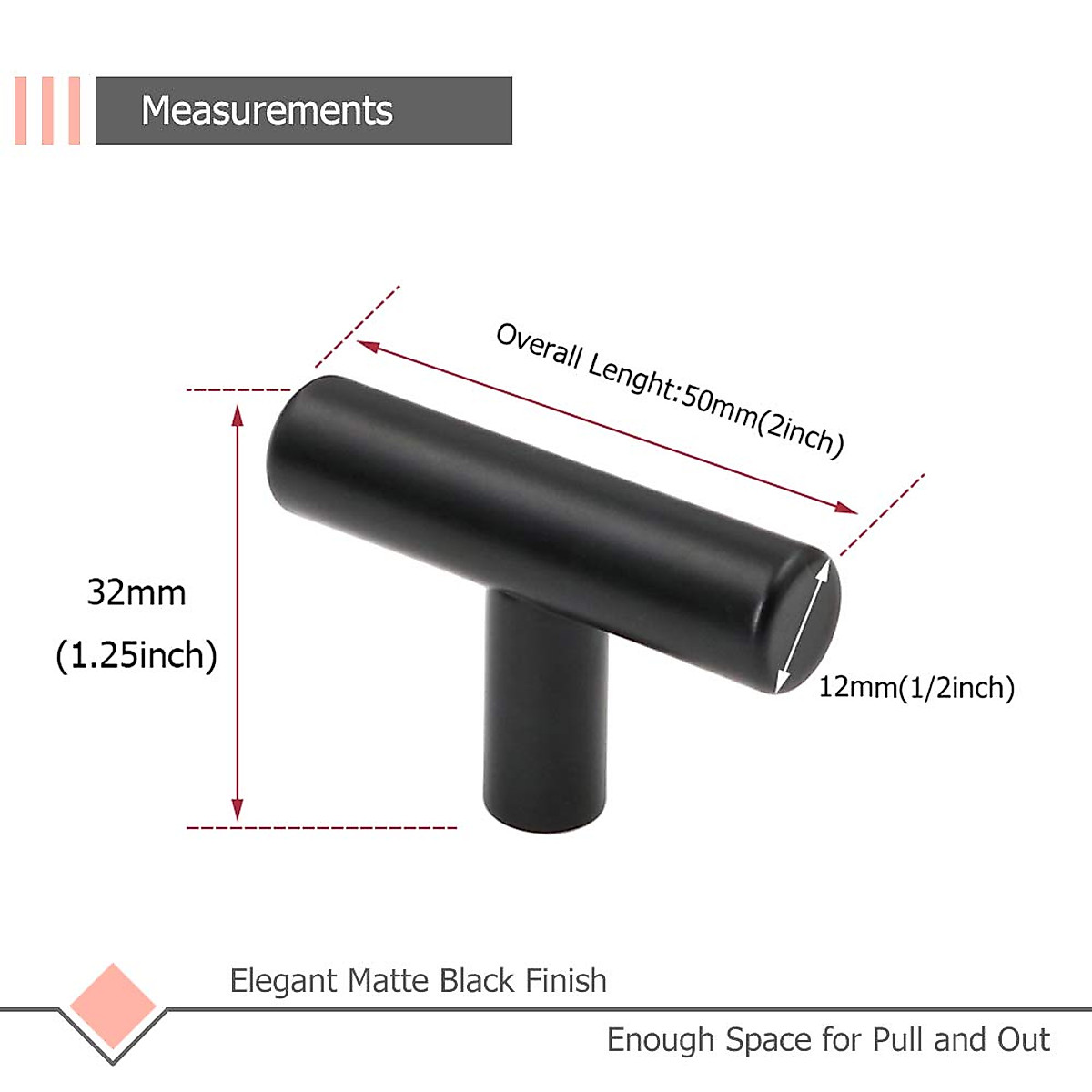 LONTAN 12 Pack Matte Black Kitchen LS201BK Modern T Cabinet Knobs Stainless Steel Dresser Drawer Knobs for Cupboard, Single Hole, Overall Length 2in