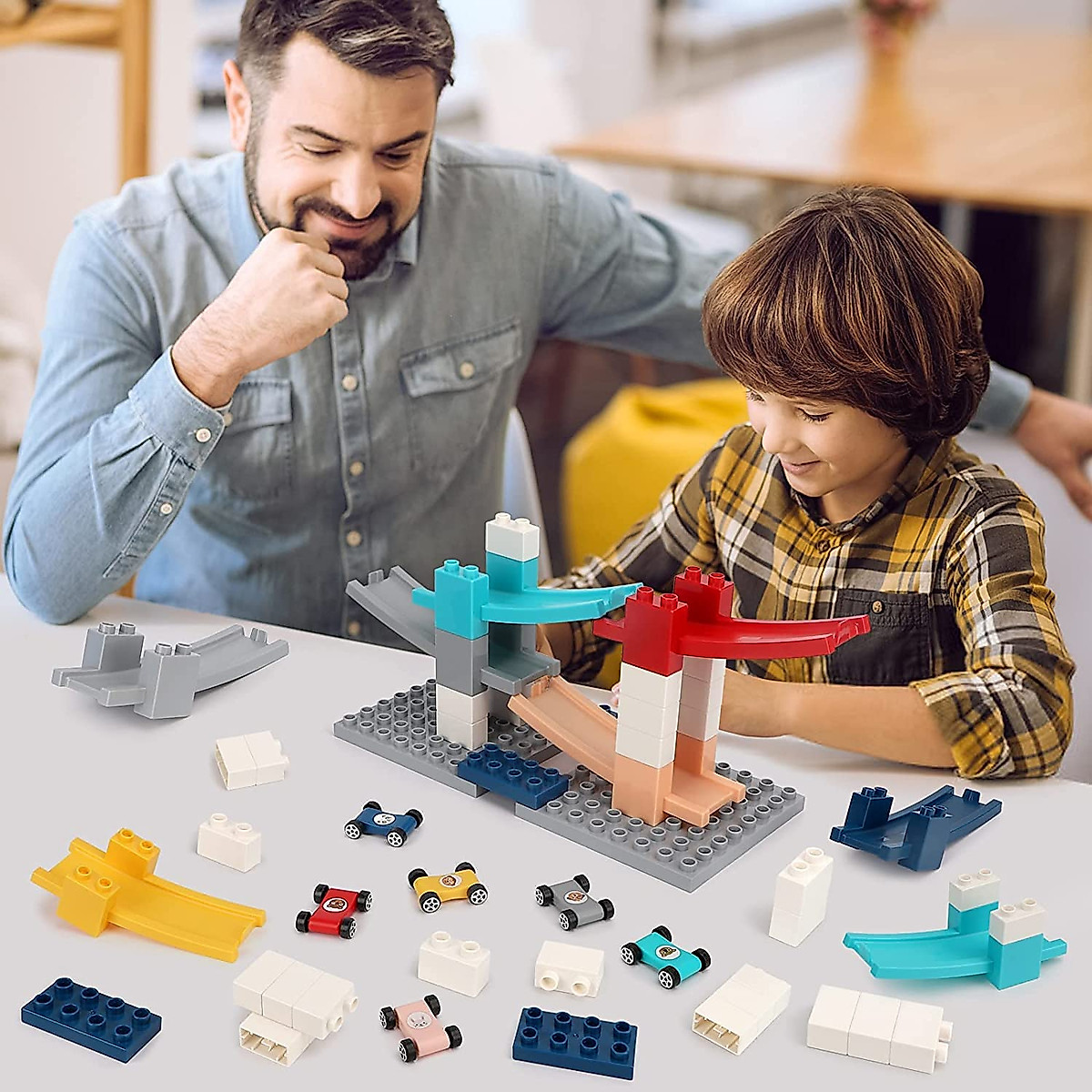 Aomola Car Ramp Toy with Classic Big Building Blocks,Creative DIY Building Bricks Compatible with All Major Brands,Car Ramp Racer for Toddlers with 6 Mini Cars,Storage Box & Base Plate