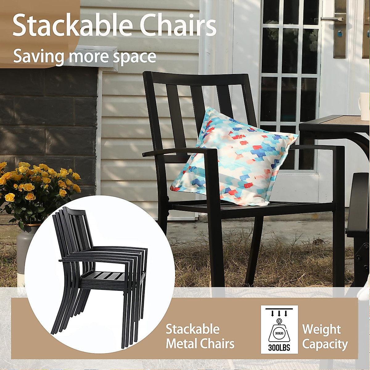 MFSTUDIO 7-Piece Metal Patio Dining Sets with 6 Steel Striped Armrest Chairs and 64" Rectangular Outdoor Dining Table,1.7" Umbrella Hole (Black)