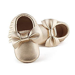 OOSAKU Infant Tolddler Baby Soft Sole PU Leathe Bowknots Shoes (6-12 Months, Gold)