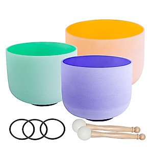 ENERGYSOUND 432 Hz Chakra set of 3 PCS Frosted 11" D, 9" F, 7" B Colored Quartz Crystal Singing Bowl