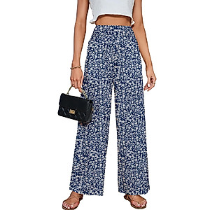 JASPAL Women Casual High Waisted Palazzo Pants Wide Leg Long Lounge Trendy Trousers with Pocket-XL-Blue White Flower