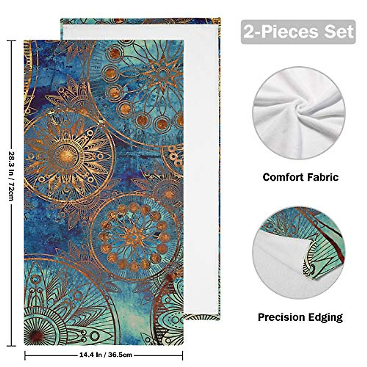 Oyihfvs Damask with Circles Flowers in Blue, Orange and Gold 2 Pieces Face Towel, Highly Absorbent Cotton Dish Hand Towels, Soft Washcloth for Spa Bathroom Hotel Kitchen Beach Gym Yoga