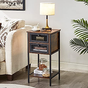 VECELO Tall End Side Table, 27.3''Nightstands Storage Shelf, 2 Set Sturdy Steel Frame for Bedroom, Living Room, Industrial Design,Rustic Brown, 2 Drawers