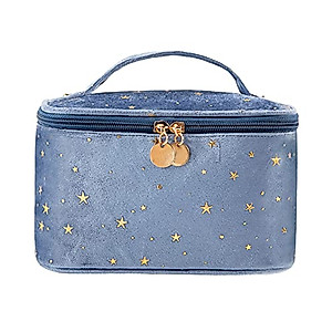 HOYOFO Velvet Makeup Bag with Handle Cosmetic Bags with Makeup Brush Holder Travel Make up Bag for Women, A Blue
