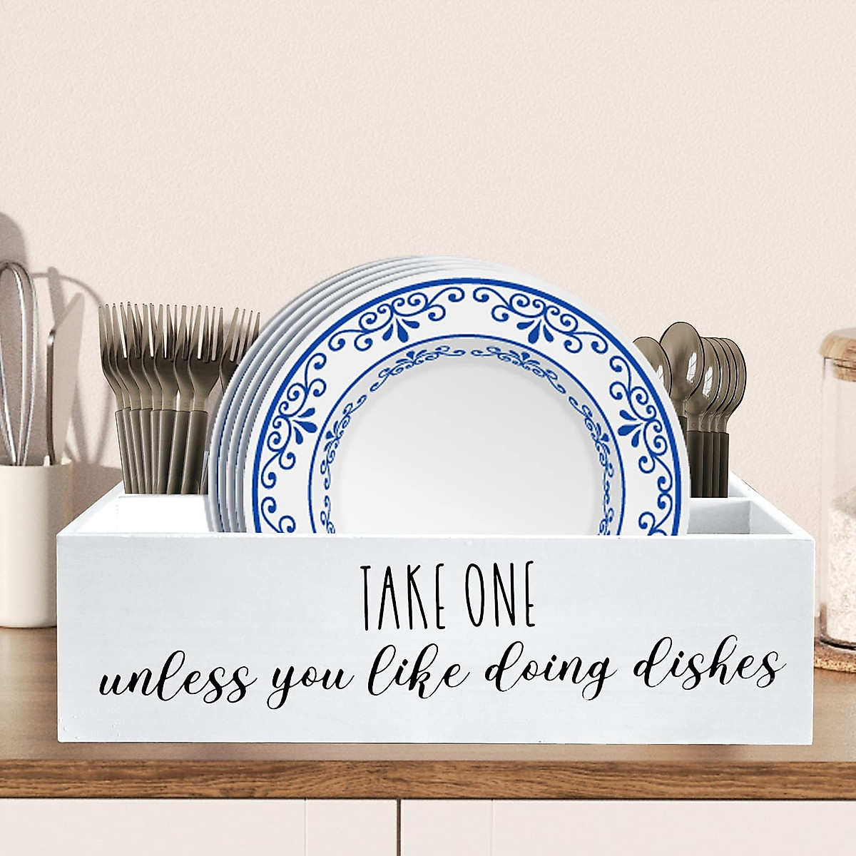 Paper Plate Holder, Plastic Silverware Caddy, Plastic Utensil Dispenser for Party Buffet Camping BBQ, Disposable Spoon Fork Knives Dish Cup Napkin Storage Organizer for Kitchen Counter (White)