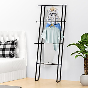 CANYAVE Blanket Ladder Towel Rack, Wall Leaning Ladder Towel Rack Blanket Holder Rack Drying Rack, 4-Tier Blanket Ladders for Living Room Bathroom (Matte Black)