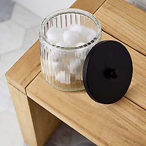 KMwares 2-Pack Glass Qtip Holder Dispenser Set for Cotton Ball, Swab, Round Pads, Floss Picks with Matte Black Metal lid - Bathroom Canister Storage Organization and Vanity Makeup Organizer (Clear)