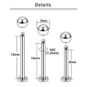 Yaalozei 16G Lip Labret Monroe Medusa Ashley Nose Ring Stud Stainless Surgical Steel Long Short Snake Bite Silver Tragus Helix Cartilage Earring Bar Barbell Piercing Jewelry Women Men 8mm 10mm 12mm