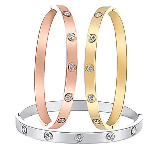 VPKJewelry Stainless Steel Present for Girls Womens Teen Jewelry Oval Bracelet Bangle Birthday gifts Silver White Yellow Gold Plated Cubic-Zircon stones free red nice box (White, 7.50)