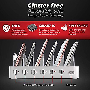 Poweroni USB Charging Dock - 6-Port - Fast Charging Station for Multiple Devices Apple - Multi Device Charger Station - Compatible with Apple iPad iPhone and Android Cell Phone and Tablet