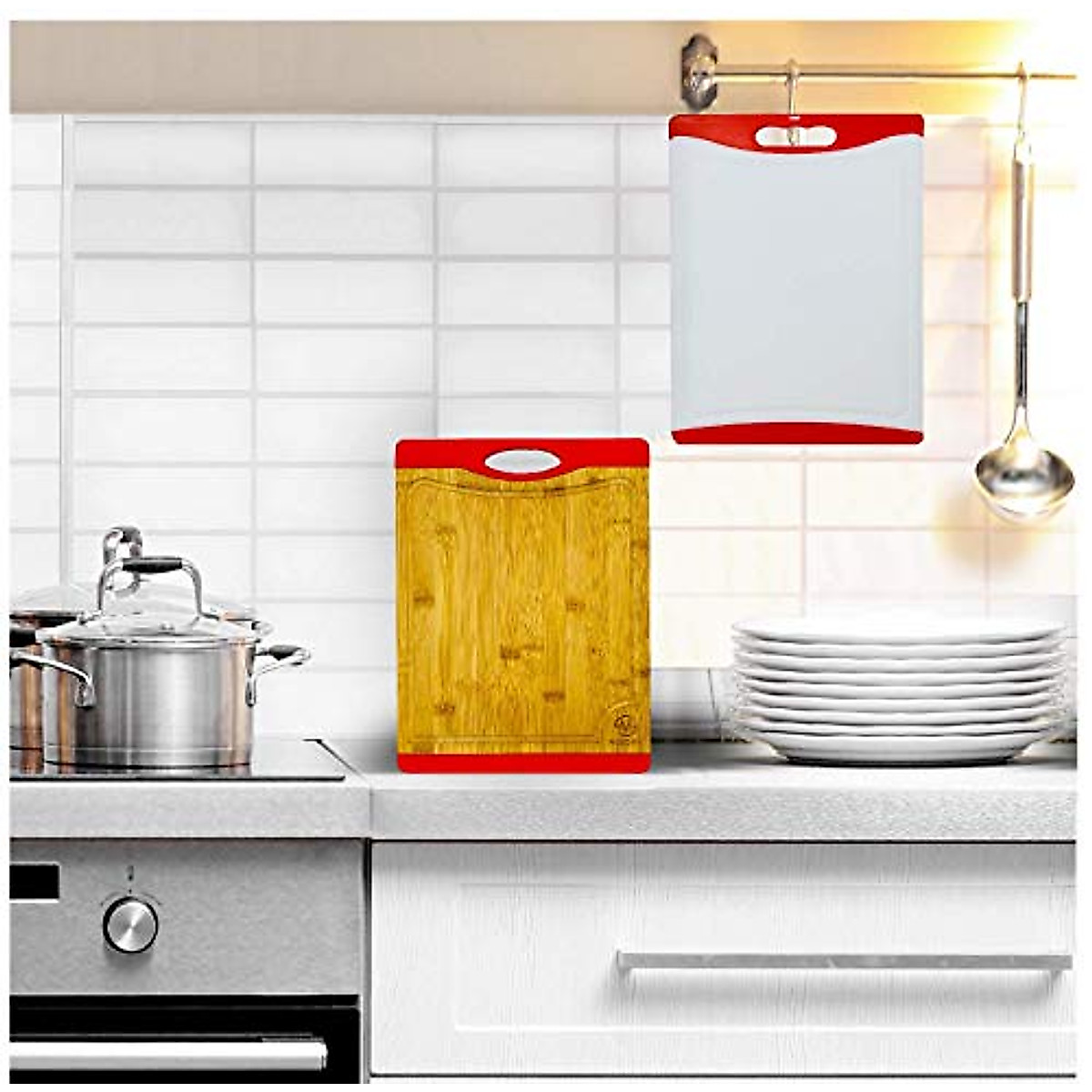 Organic Bamboo and Plastic Cutting Boards for Kitchen (2 Piece Set), Featuring Juice Grooves, Non-Slip, Grip on Granite Counter, Double Sided Chopping Board, BPA Free, by PandPal