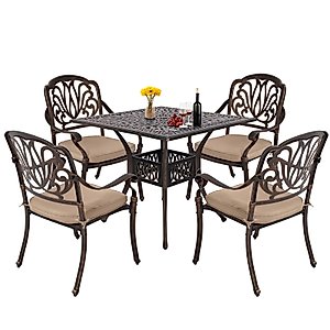 Grepatio 5 Piece Cast Aluminum Patio Dining Set Outdoor Furniture Set Patio Garden Set with 4 Ding Chairs, 4 Cushions and 35.4" Square Patio Table 2.4" Umbrella Hole, Antique Bronze (Khaki)