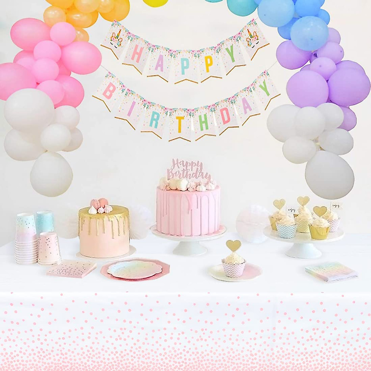 Mulbozy 2 Pcs Rose Pink Dot White Plastic Tablecloth for Rectangle Table, Rose Pink Dot Confetti Party Table Covers for Baby Shower, Wedding, Anniversary, Birthday Party Decoration, 54 × 108 inches