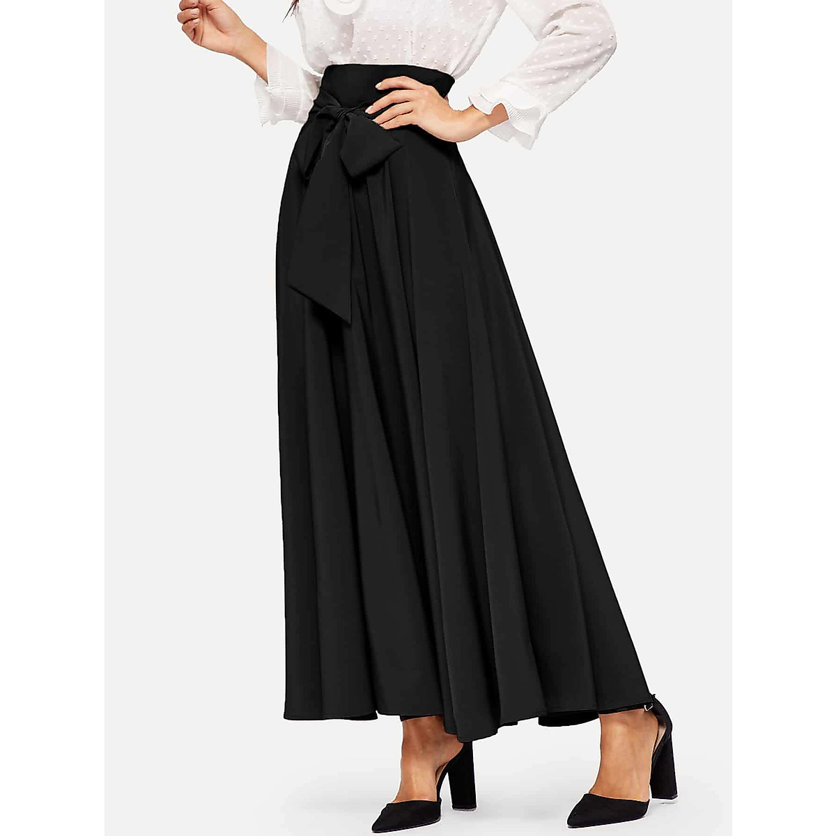 SweatyRocks Women's Elegant High Waist Skirt Tie Front Pleated Maxi Skirts Black L