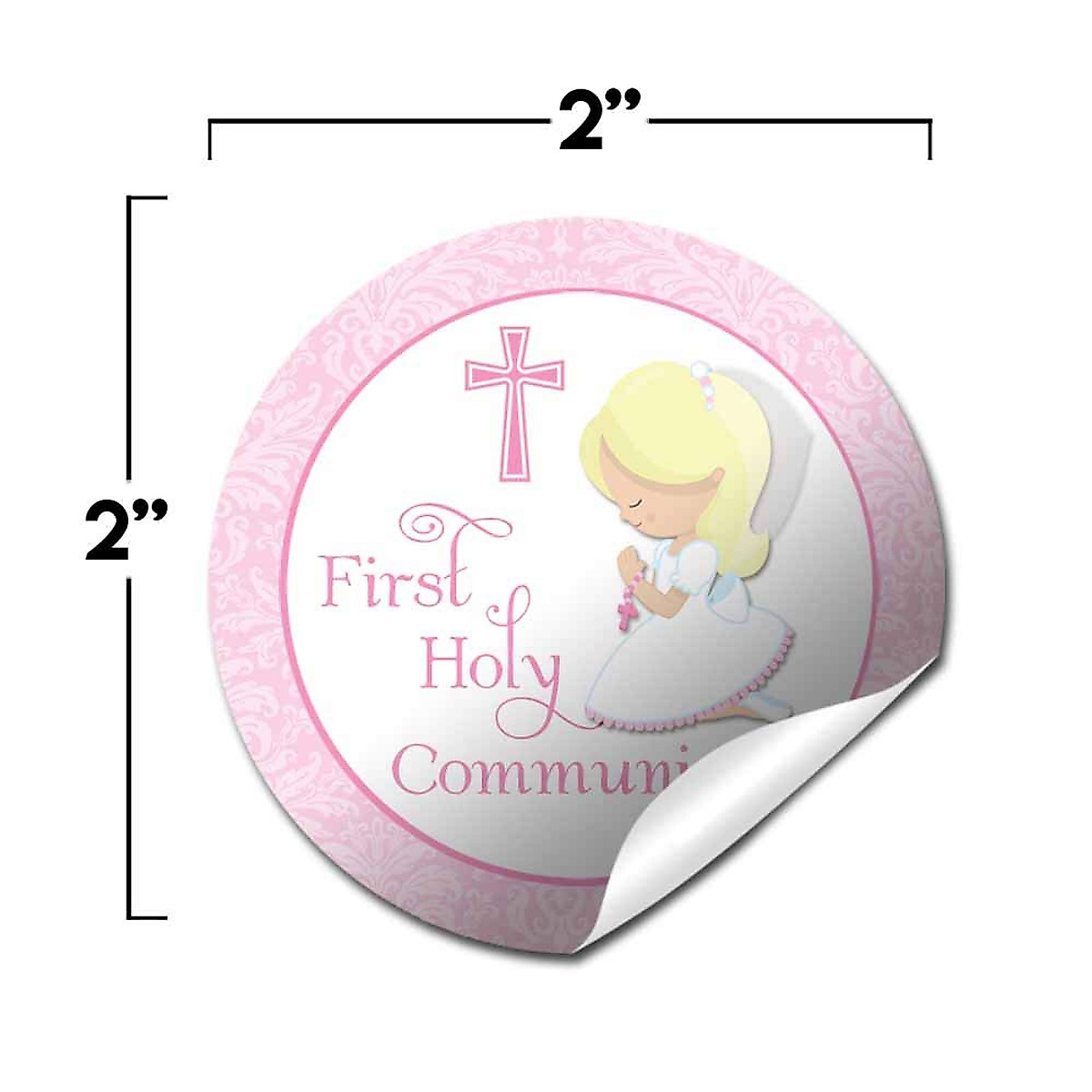 First Holy Communion Religious Thank You Sticker Labels for Girls (Light Skin, Blond Hair), 40 2" Party Circle Stickers by AmandaCreation, Great for Party Favors, Envelope Seals & Goodie Bags