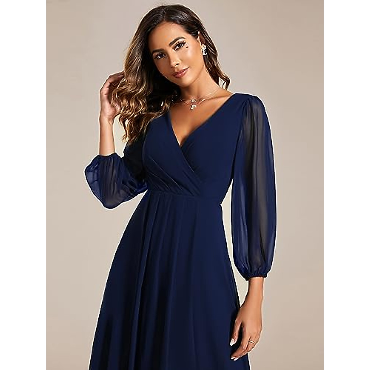 Ever-Pretty Women's Chiffon Spring V Neck Long Sleeves Pleated A-Line Midi Length Wedding Guest Dress Navy Blue US12