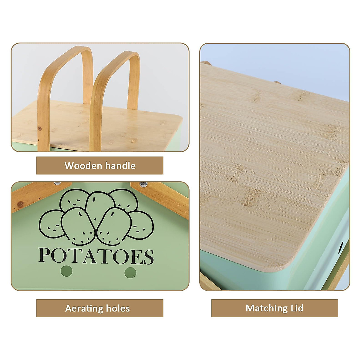 Xbopetda Potato Storage for Pantry, Metal Potato Storage Box with Bamboo Lid and Handle, Potato Bin Onion Storage with Aerating Holes, Kitchen Counter Organizer Container for Potato Onion Garlic-Green
