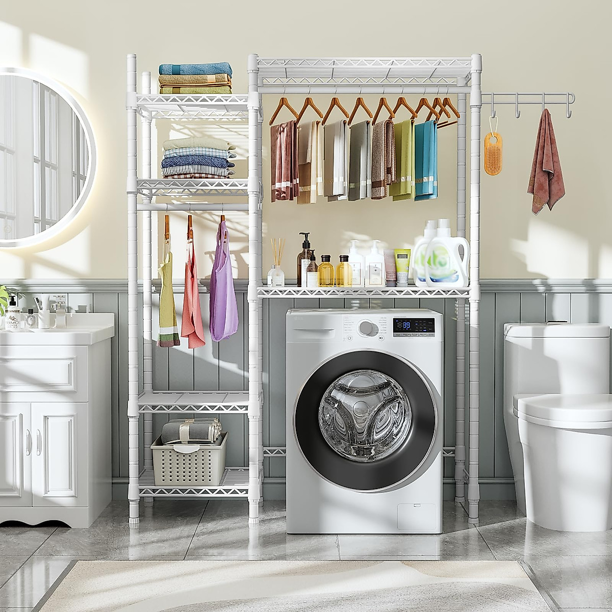 Ulif U7 Over the Washer and Dryer Storage, Laundry Room Heavy-Duty Space Saver with 6 Shelves and 2 Hanger Rods, Laundry Clothes Drying Rack and Toiletries Organizer, 47.2”W x 13.4”D x 77.4”H, White