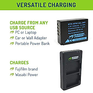 Wasabi Power NP-W126, NP-W126S Battery (2-Pack) Micro USB Dual Charger for Fuji X-T100, X-T200, X100F, X100V, X-S10, X-A5, X-A10, X-E4, X-Pro2, X-Pro3, X-T1, X-T2, X-T3, X-T10, X-T20, X-T30, X-T30 II