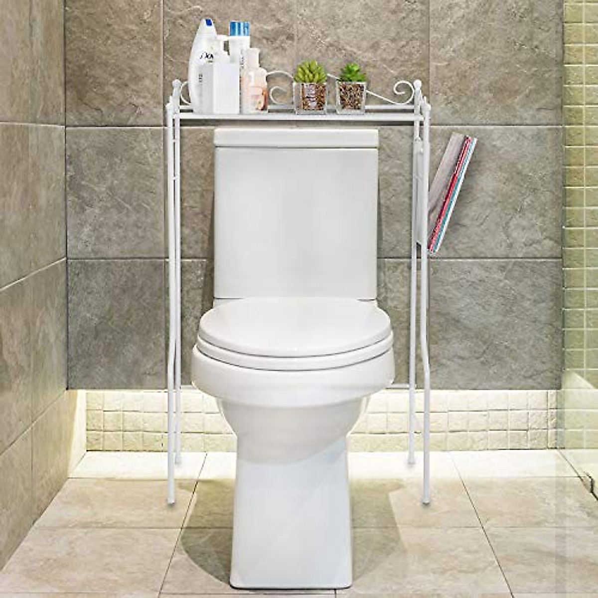 MyGift White Metal Bathroom Over The Toilet Shelf with Magazine Basket, Space Saver Freestanding Storage Organizer Rack