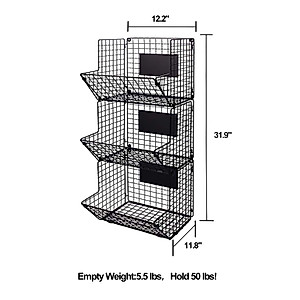 3-Tier Wall Mounted Storage Basket Foldable Organizer, Hanging Metal Wire Basket with Chalkboards, Kitchen Fruit Produce Pantry Bathroom Laundry Organization Office Garage Storage, Black