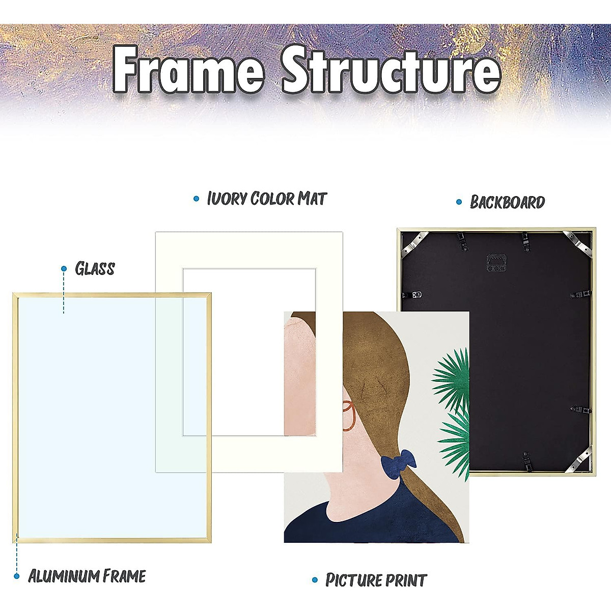 AUEAR, 11x14 Aluminum Metal Wall Mounting Photo Frame with Ivory Mat for 8x10 Pictures Includes Sawtooth Hangers, Spring Clips Real Glass (Gold, 2-Pack)