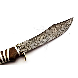 Skokie Knives Custom Hand Made Damascus Steel Hunting Knife Handle Camel Bone (Brown)