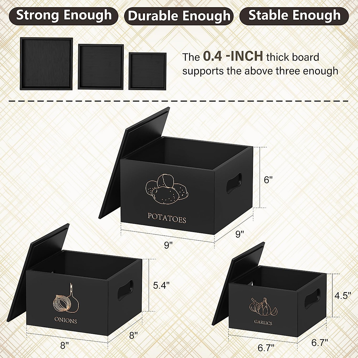 DALSHABET Potato and Onion Storage Bins, Premium Pantry Organizers and Storage, Bamboo Vegetable Garlic Keeper Solutions for an Organized Kitchen Black