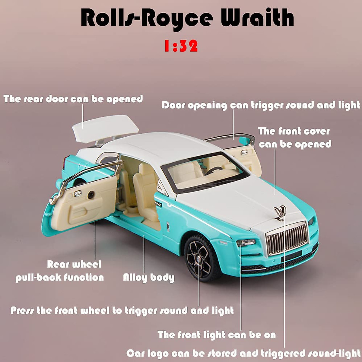 Alloy Collectible Blue Rolls Royce Wraith Toy Pull Back Vehicles Diecast Model Car with Light and Sound