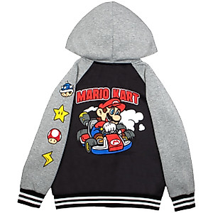 Nintendo Super Mario Graphic Boys Hooded Fleece Varsity Jacket for Kids and Toddlers (Size 14/16, Grey)