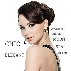 Moon And Star Dangle Earrings For Women Sterling Silver Hypoallergenic Sensitive Ears Unique Chic Kpop Asymmetry Design Boho Cubic Zirconia Planet Drop Earrings Jackets (Black)