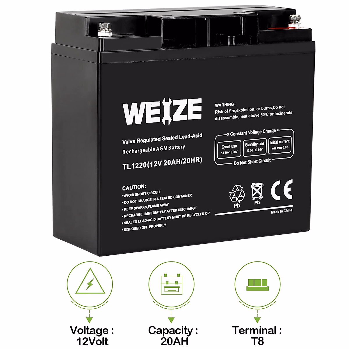 WEIZE 12V 20AH Lead Acid Battery Replace UB12200 FM12200 6fm20 EXP12200 12V 20AH 22AH Batteries