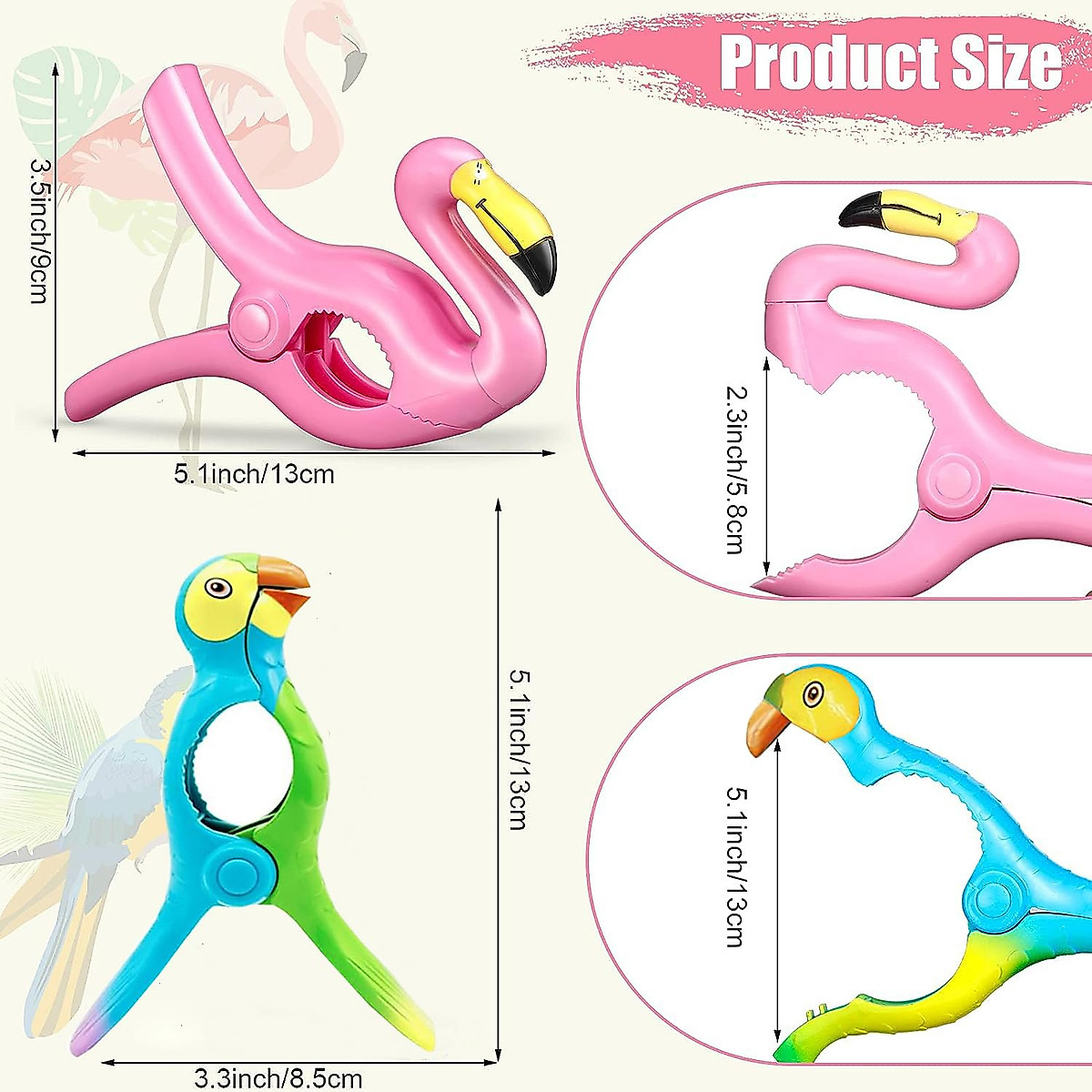 8 Pcs Beach Towel Clips,Strong Beach Chair Clips for Towels,Flamingo Parrot Chair Clips,Swimming Pool Towel Clips,Lounge Chair Clamps for Cruise Holiday Patio Pool Lounge Vacation