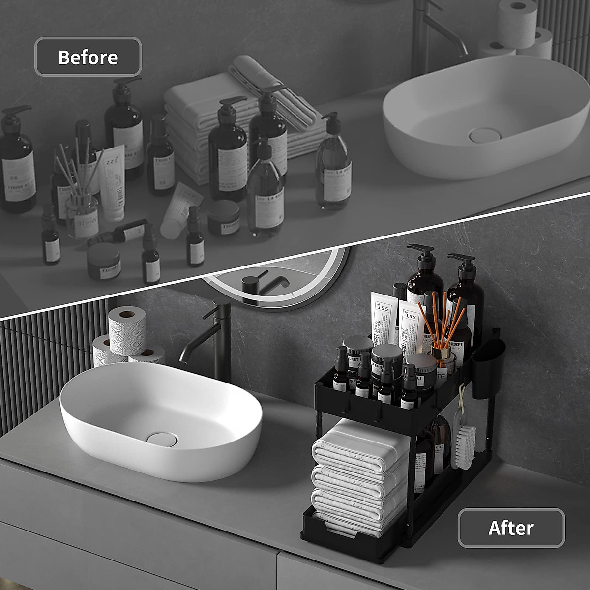 LPONJAR Adjustable Height Under Sink Organizers and Storage Bathroom Kitchen with 8 Hooks and 2 Hanging Cup, 2 Black