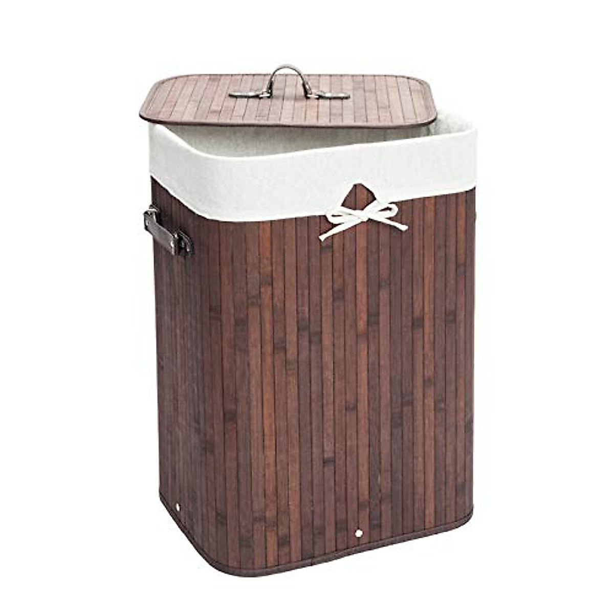 Laundry Hamper Bamboo Laundry Basket, Clothes Hamper with Lid and Removable Liner, Single Lattice Bamboo Folding Basket Body with Cover , Rectangle Clothes Bin for Laundry Room Bedroom (Dark Brown)