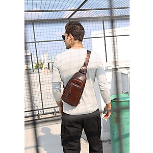 BULLCAPTAIN Mens Sling Bag Genuine Leather Chest Shoulder Backpack Crossbody Outdoor Travel Casual Daypack (brown), Medium